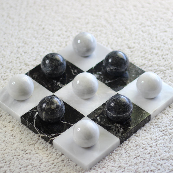 Marble Cultures Monochrome Marble Tic Tac Toe Set | Round Marble Tic Tac Toe Game Set With ...
